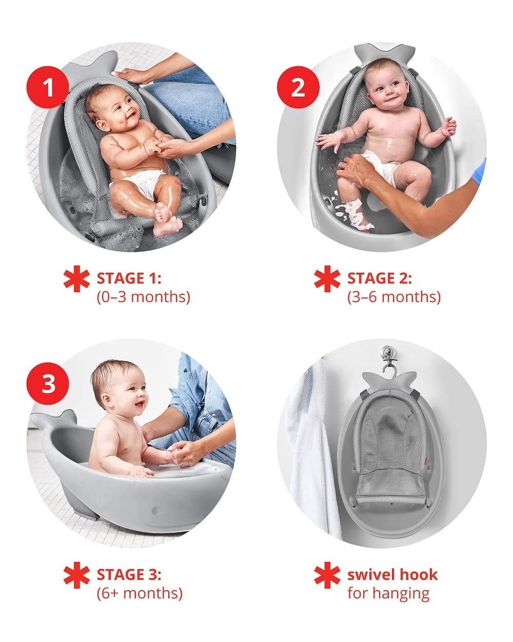 Skip Hop Moby Smart Sling Baby Bath Tub-3-Stage Tub-0 to 36M-Grey-Extra ...