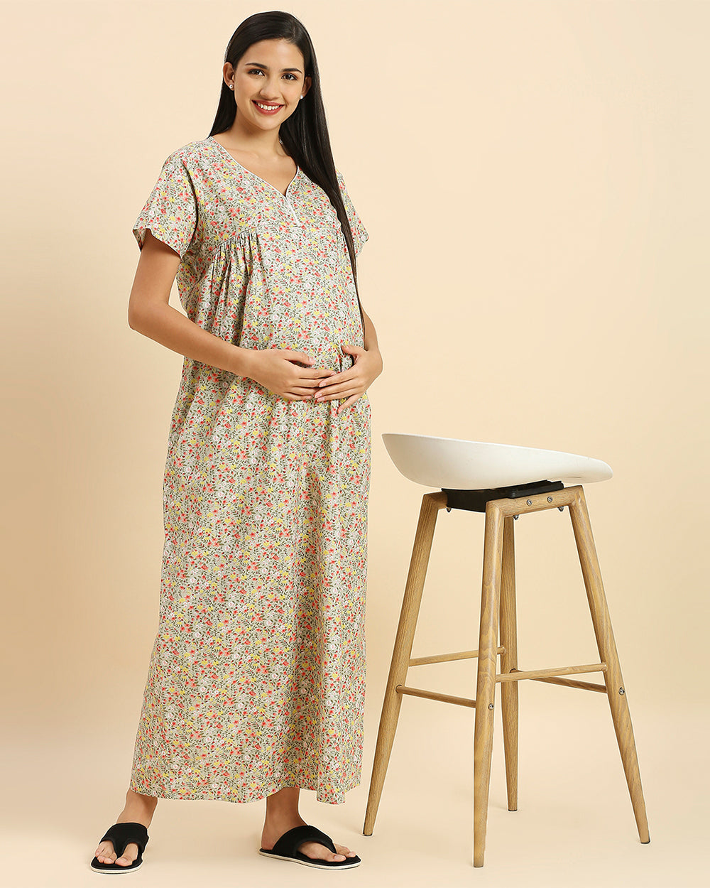 MomToBe Green Maternity Nursing Nighty-Floral Print-Cotton Blend-V Neck ...