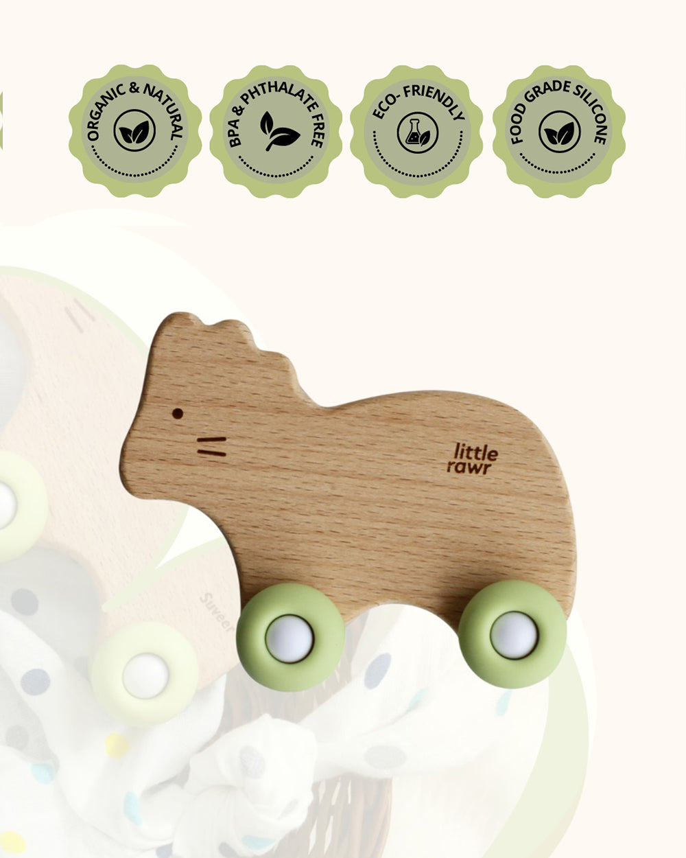 Little Rawr Green Lion-100% Organic Oak Wood-Wheelie Teether-Soft on ...