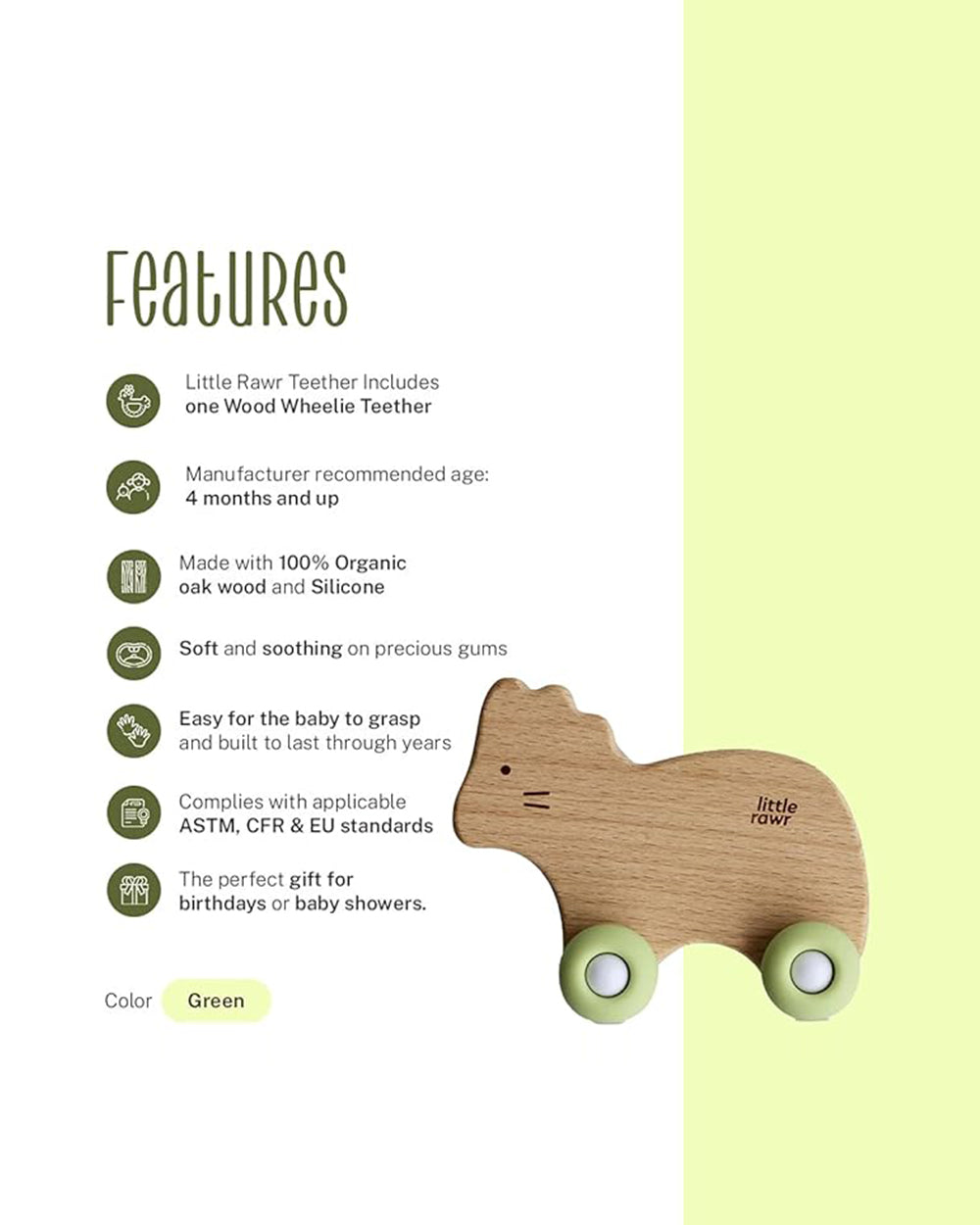 Little Rawr Green Lion-100% Organic Oak Wood-Wheelie Teether-Soft on ...