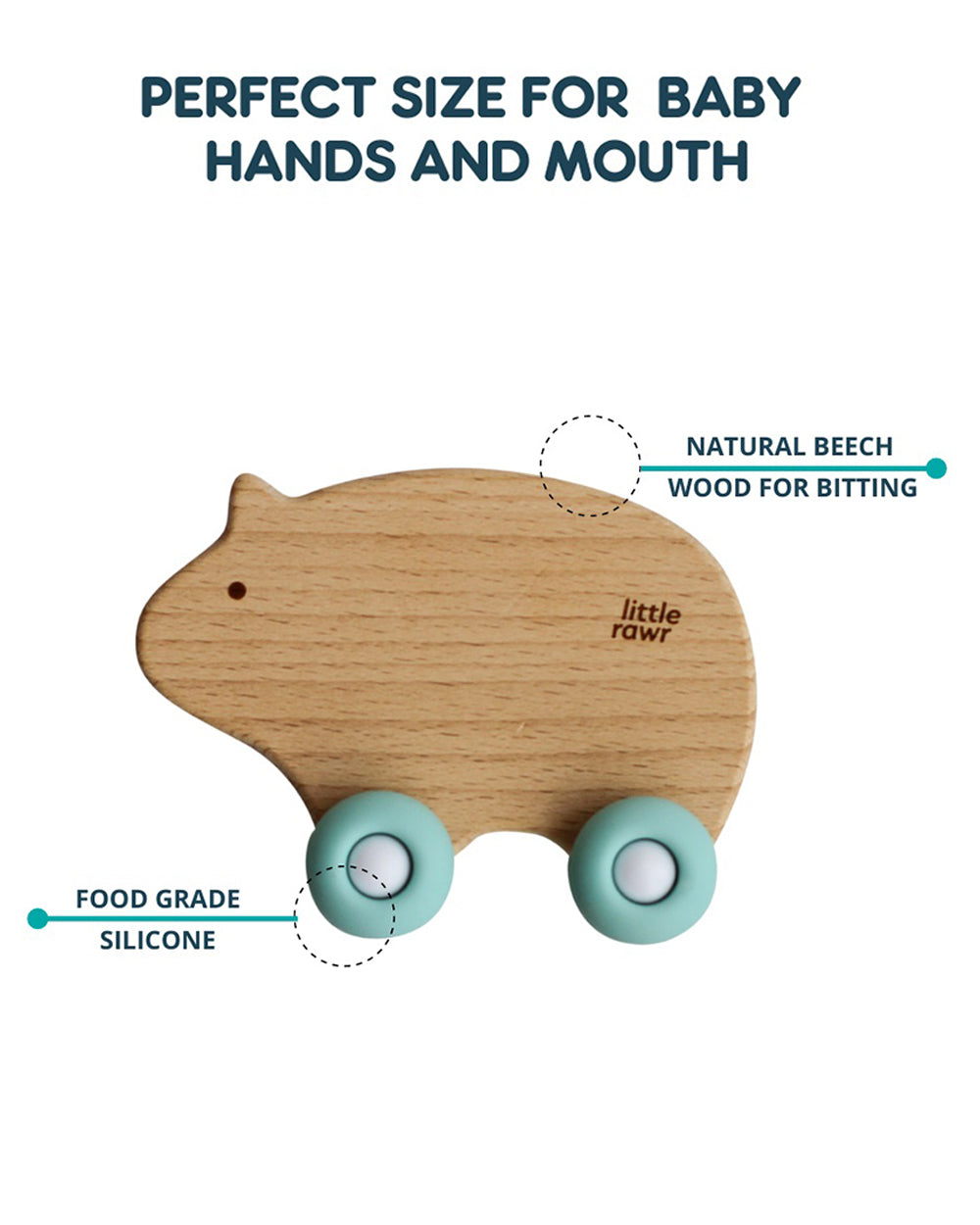 Little Rawr Blue Bear-100% Organic Oak Wood-Wheelie Teether-Soft on ...