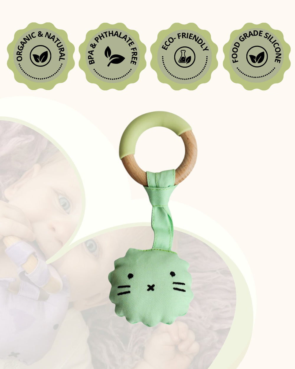 Little Rawr Green Lion-100% Organic Oak Wood-Silicone Plush Rattle ...